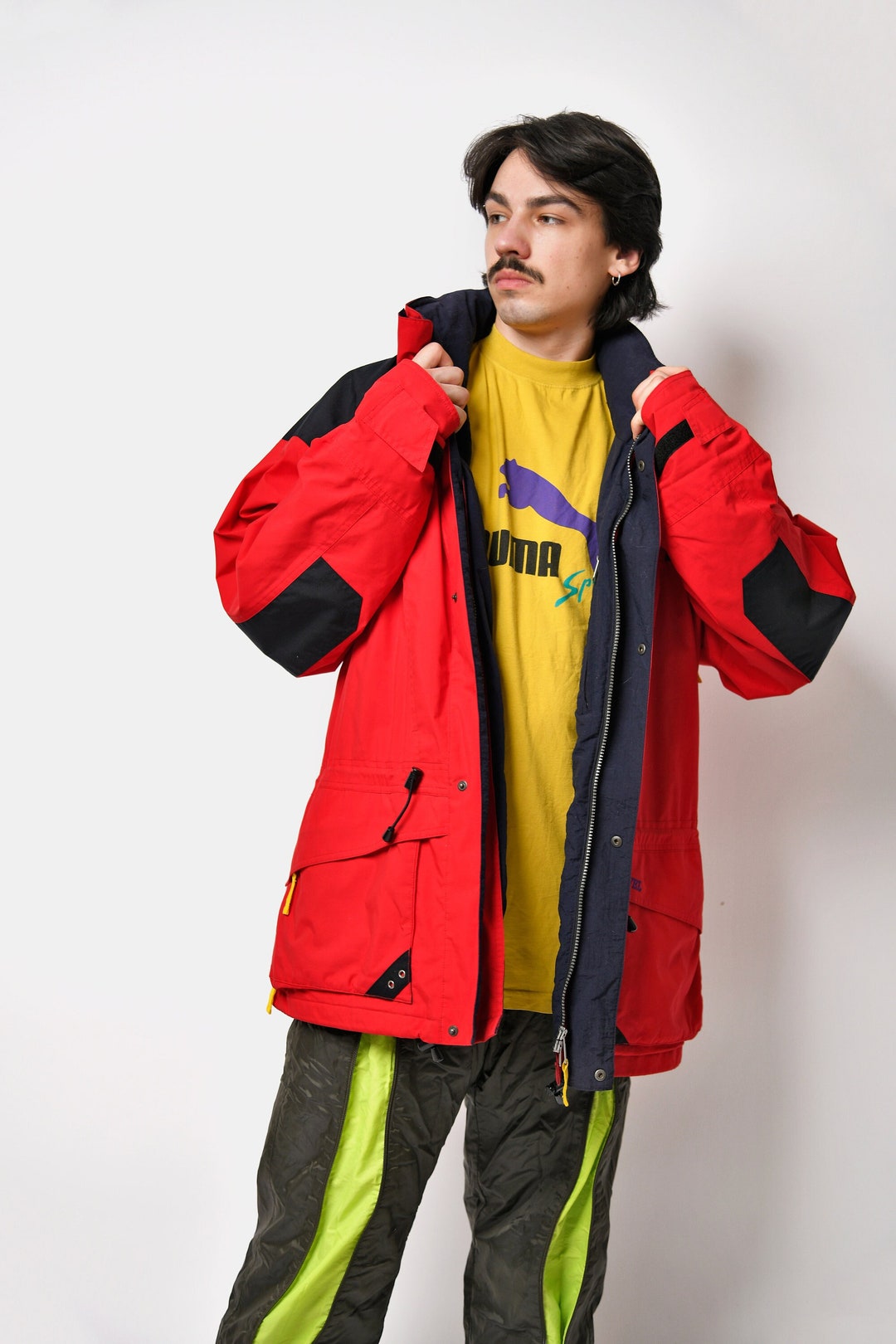 90s Vintage Parka Red Jacket for Men Y2K Snow Shell Bold Winter Rain ...