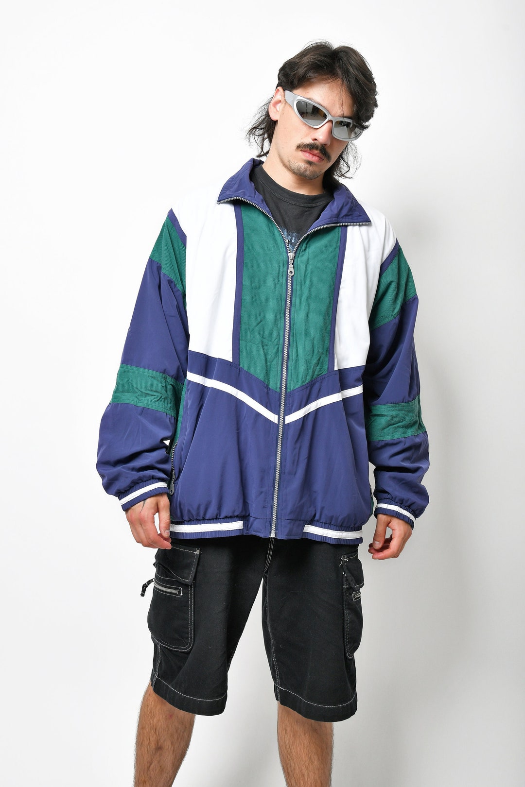 Vintage Sport Rave Shell Jacket Blue Green White | Men's 90s Swag ...