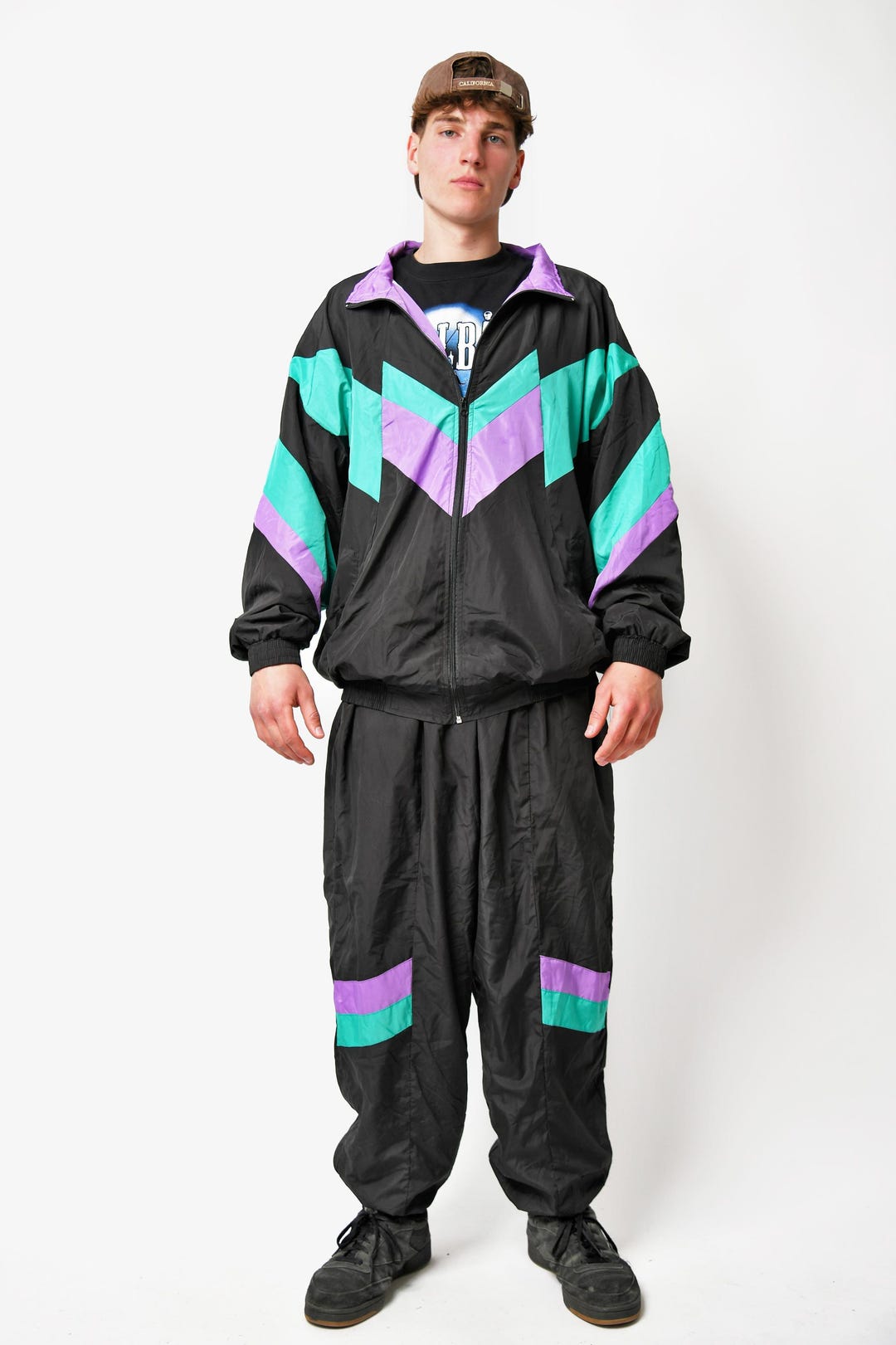 90s Style Tracksuit Set Mens Black Multi Colour Block | Retro 80s ...