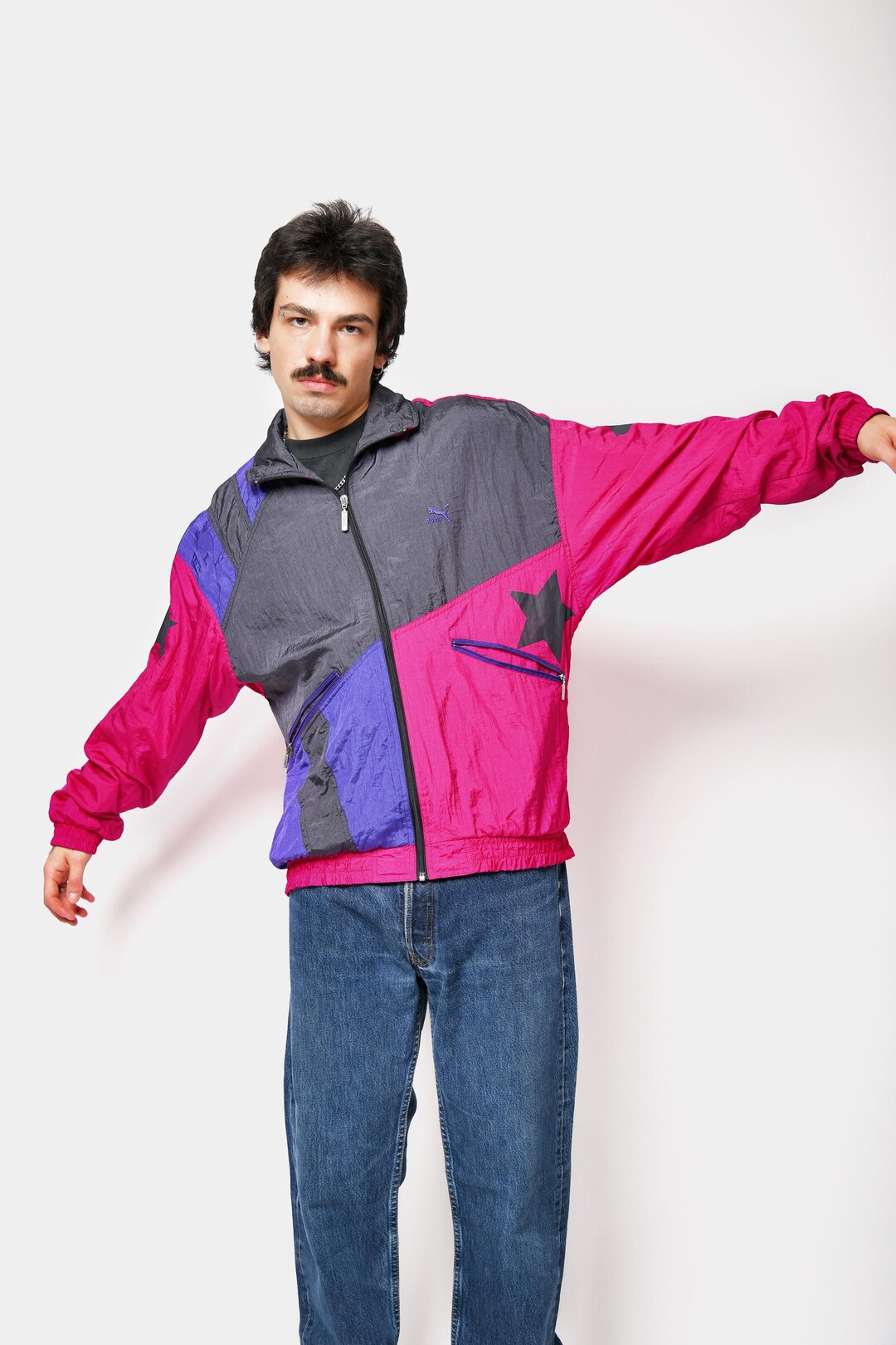 PUMA 1990s Jacket Men Pink Multicolour Block | Vintage Colourful Shell ...