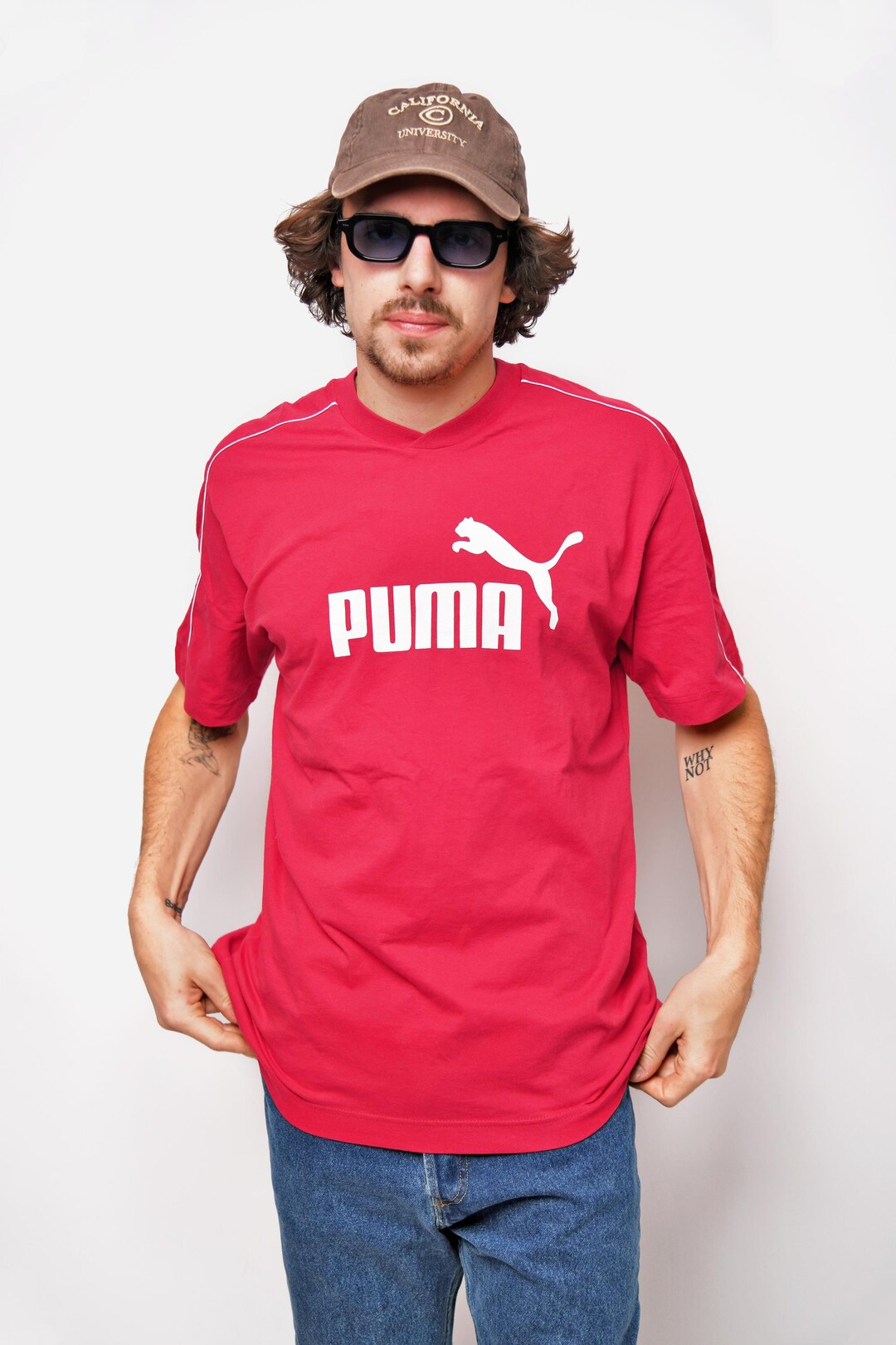 PUMA Red Vintage T-shirt for Men | 90s Retro Old School Big Logo Print ...