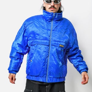 90s Vintage Puffer Jacket in Blue Colour Retro Boxy Padded Full Zip ...