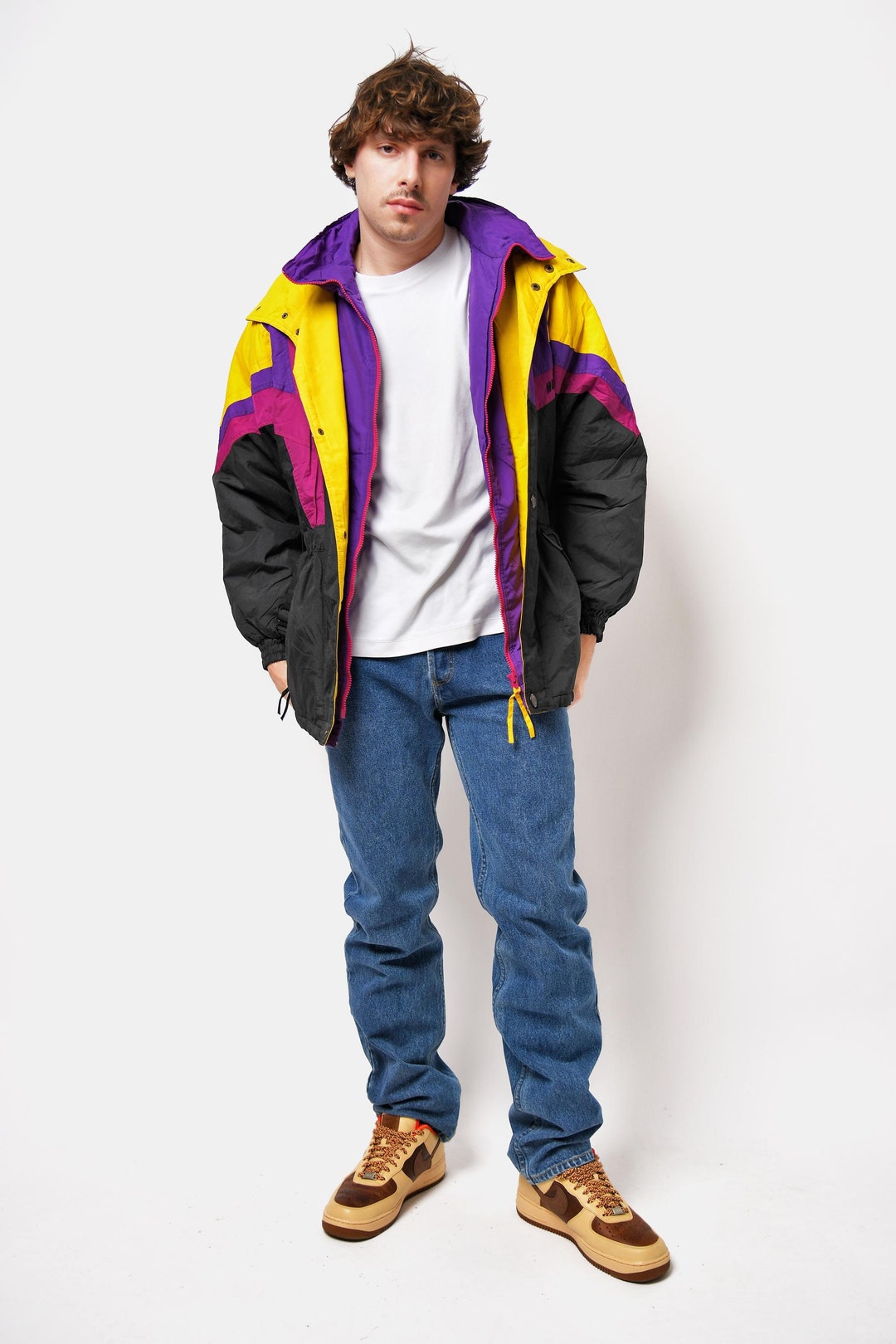 90s Vintage Ski Jacket Black Yellow Purple Pink (multi Coloured ...