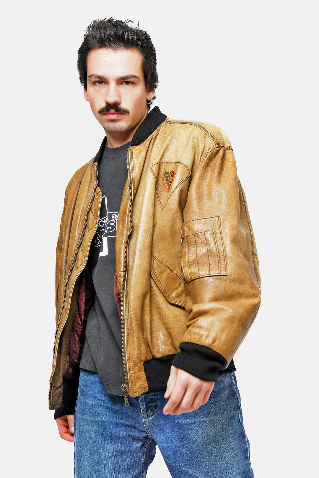 Vintage 90s Leather Bomber Jacket Men's Brown | 80s Retro Aviator ...
