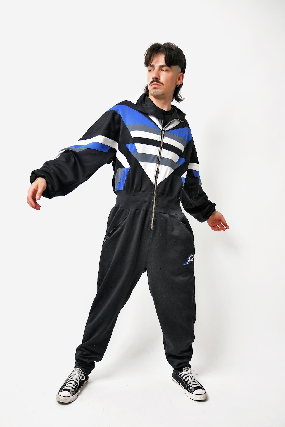 80s Vintage One Piece Tracksuit Mens Black 1980s Retro Old School ...