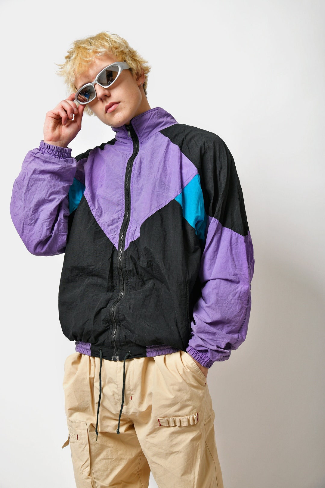 90s Vintage Shell Jacket Black Multi Colour Block Purple | Retro 80s ...