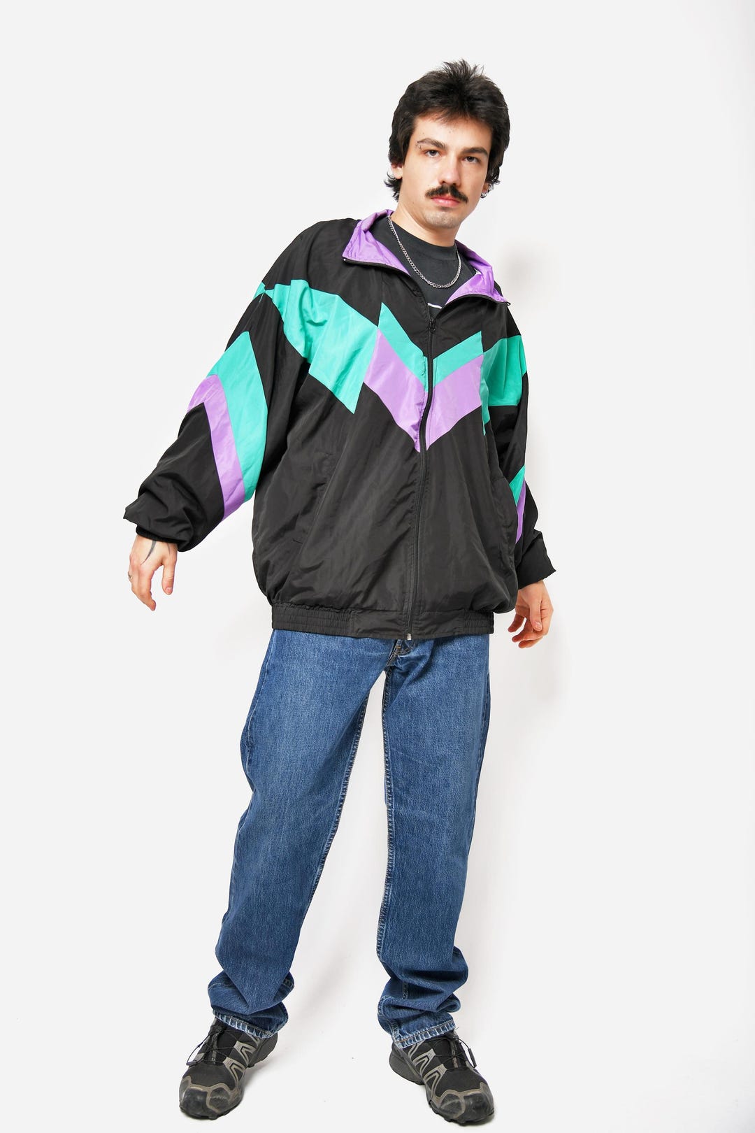 80s Style Jacket Men's Black Colourful for Theme Party | Retro Fashion ...