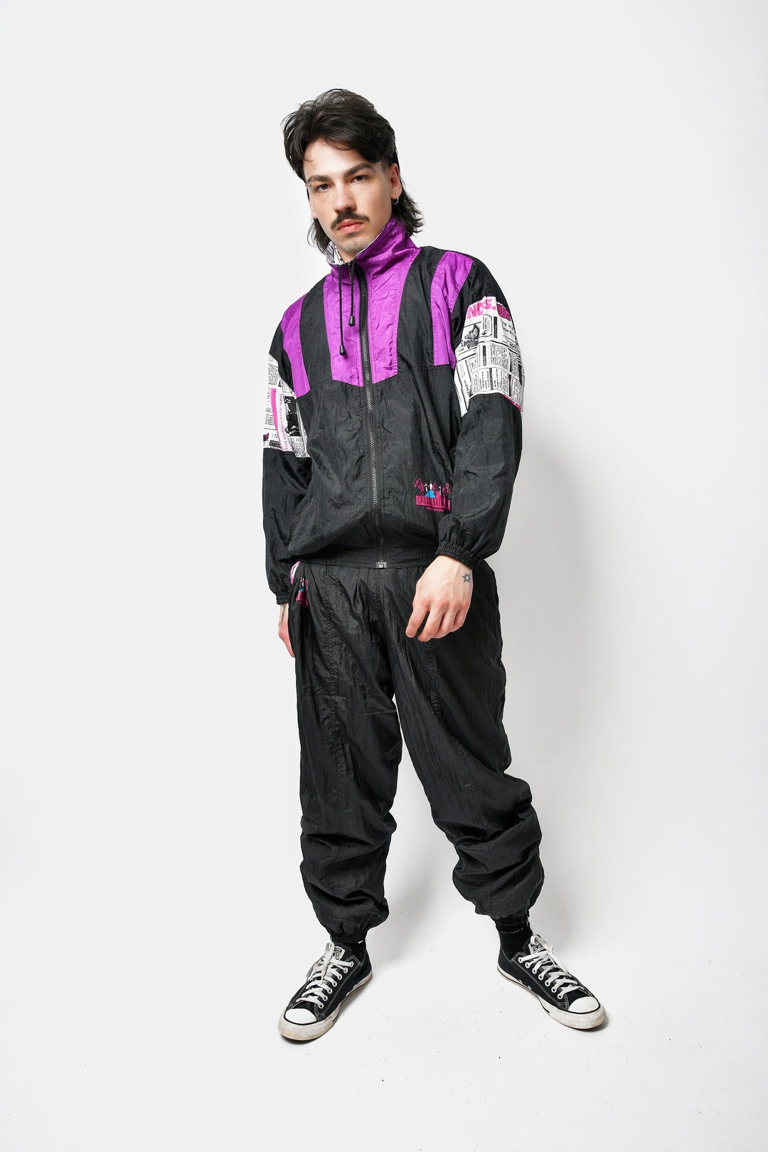 Vintage 90s Tracksuit Set Men Black Purple Colour | Rave 80s Retro ...