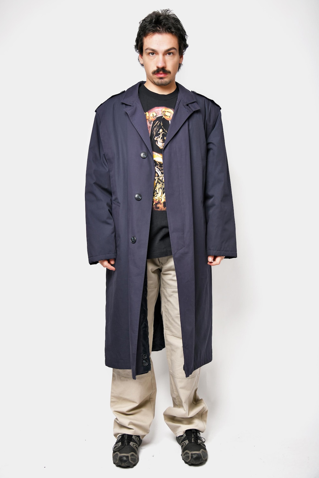 90s Retro Detective Trench Coat Blue Navy Men | Spring Fall Classic ...