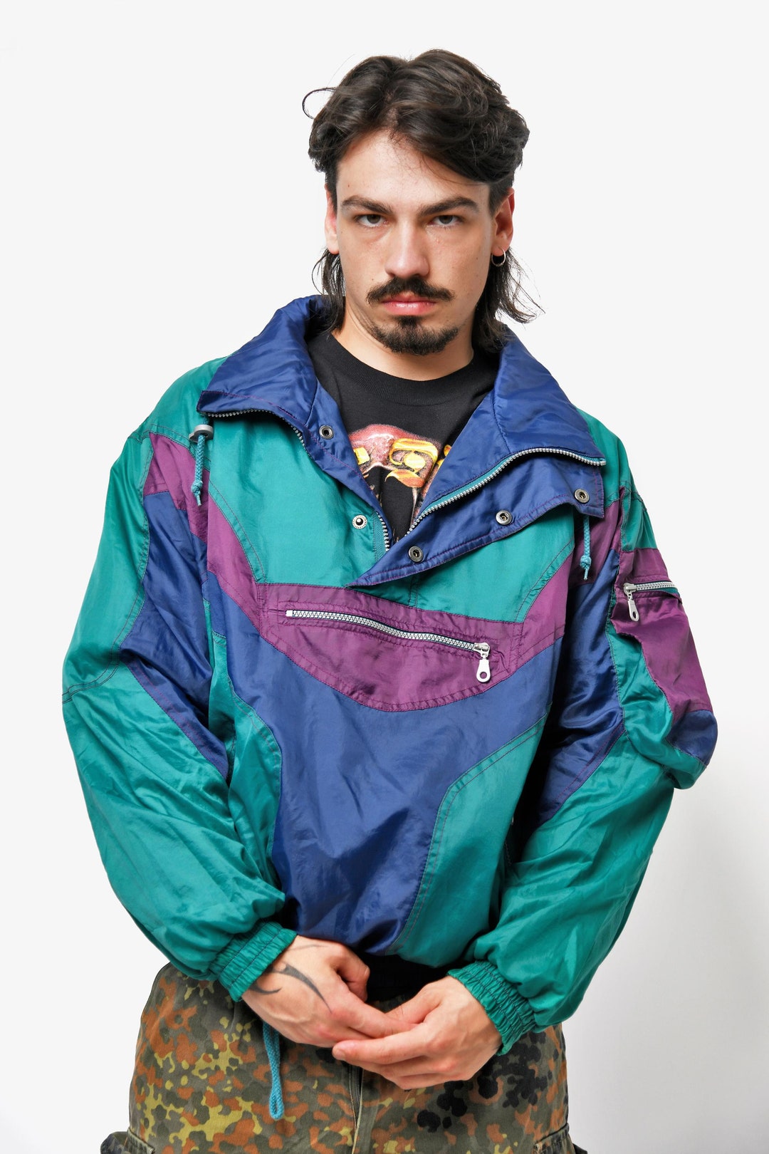 Retro 90s Windbreaker Hooded Jacket Multi Colour Block | Vintage Rain ...