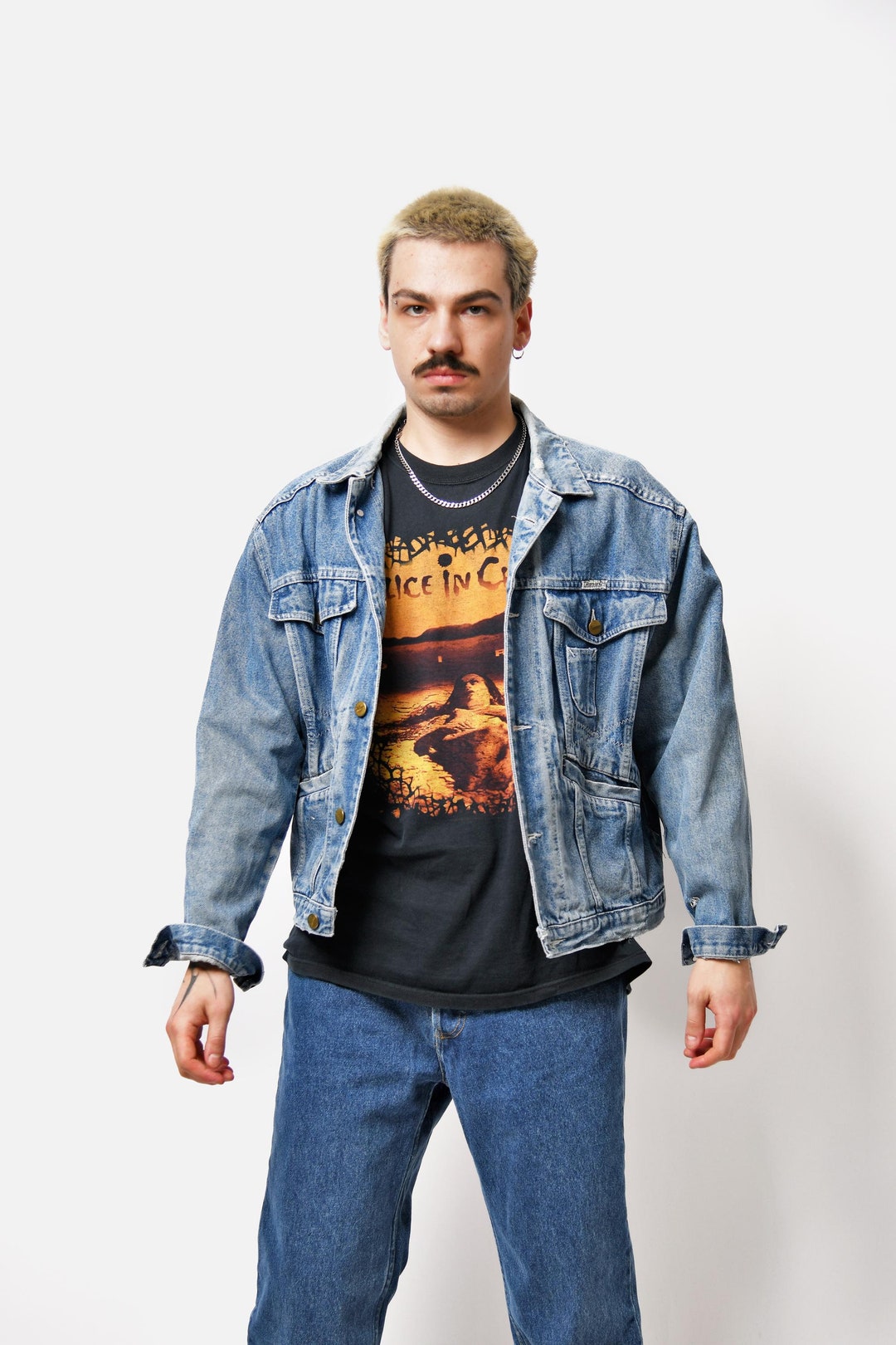 Vintage Denim Jacket Men in Mid Blue Wash | Old School 90s Grunge ...