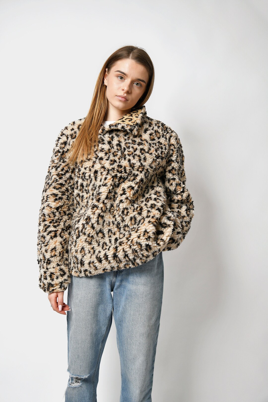 Vintage Warm Teddy Fleece Pullover in Leopard Print | Retro 80s 90s ...