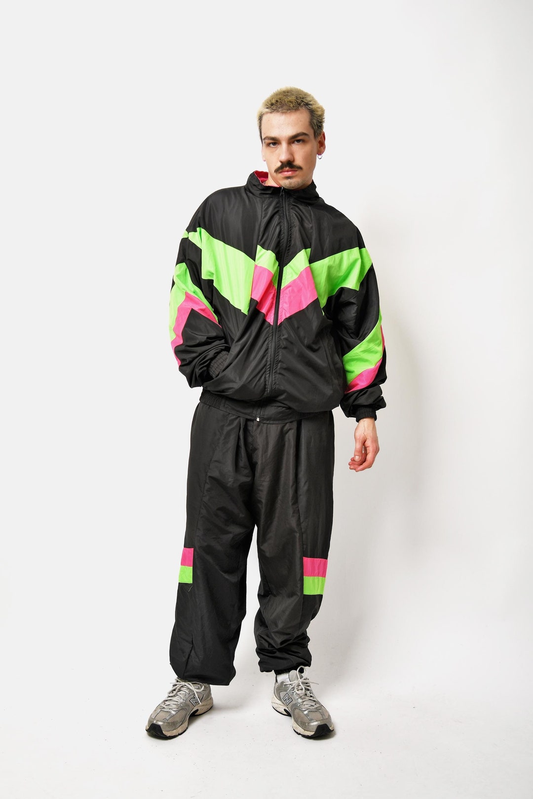 90s Style Tracksuit Set Mens Black Multi Colour Block Retro Windbreaker ...