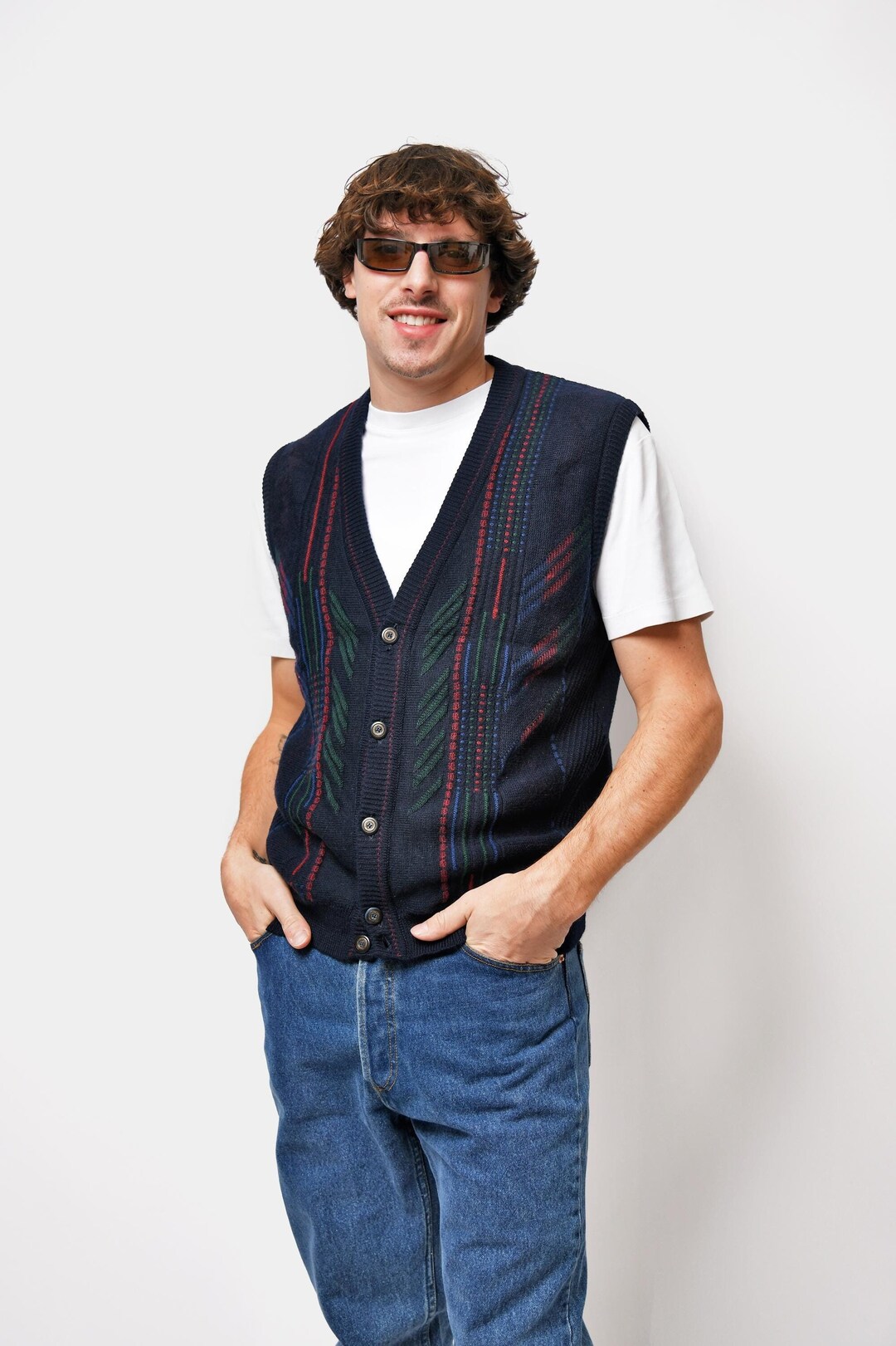 Vintage 90s Sweater Vest Mens Navy Blue | Multi Coloured Retro 80s Knit ...