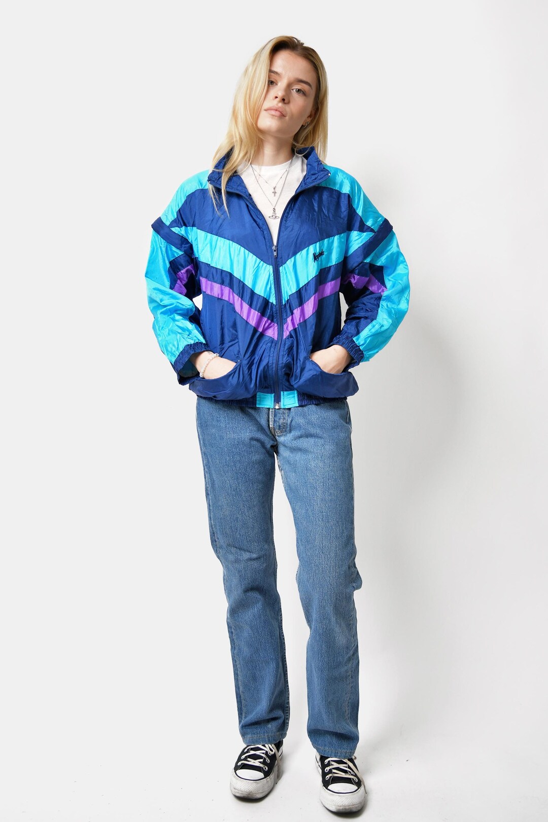 80s Retro Jacket in Blue Colour Block Vintage Track Shell Suit Top ...