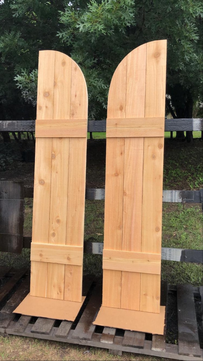 Custom Curve Top Cedar Shutters: Elliptical Shutters, Board and Batten ...