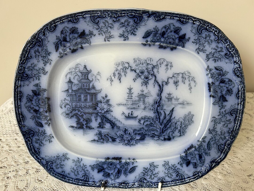 Antique Flow Blue Platter - Shanghai Pattern by Furnivals - - Etsy