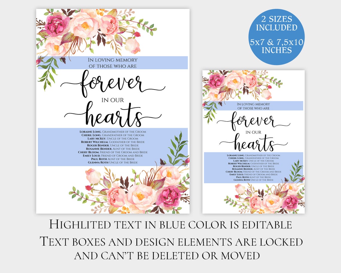 Forever in Our Hearts Sign Template Editable Memorial Table - Etsy