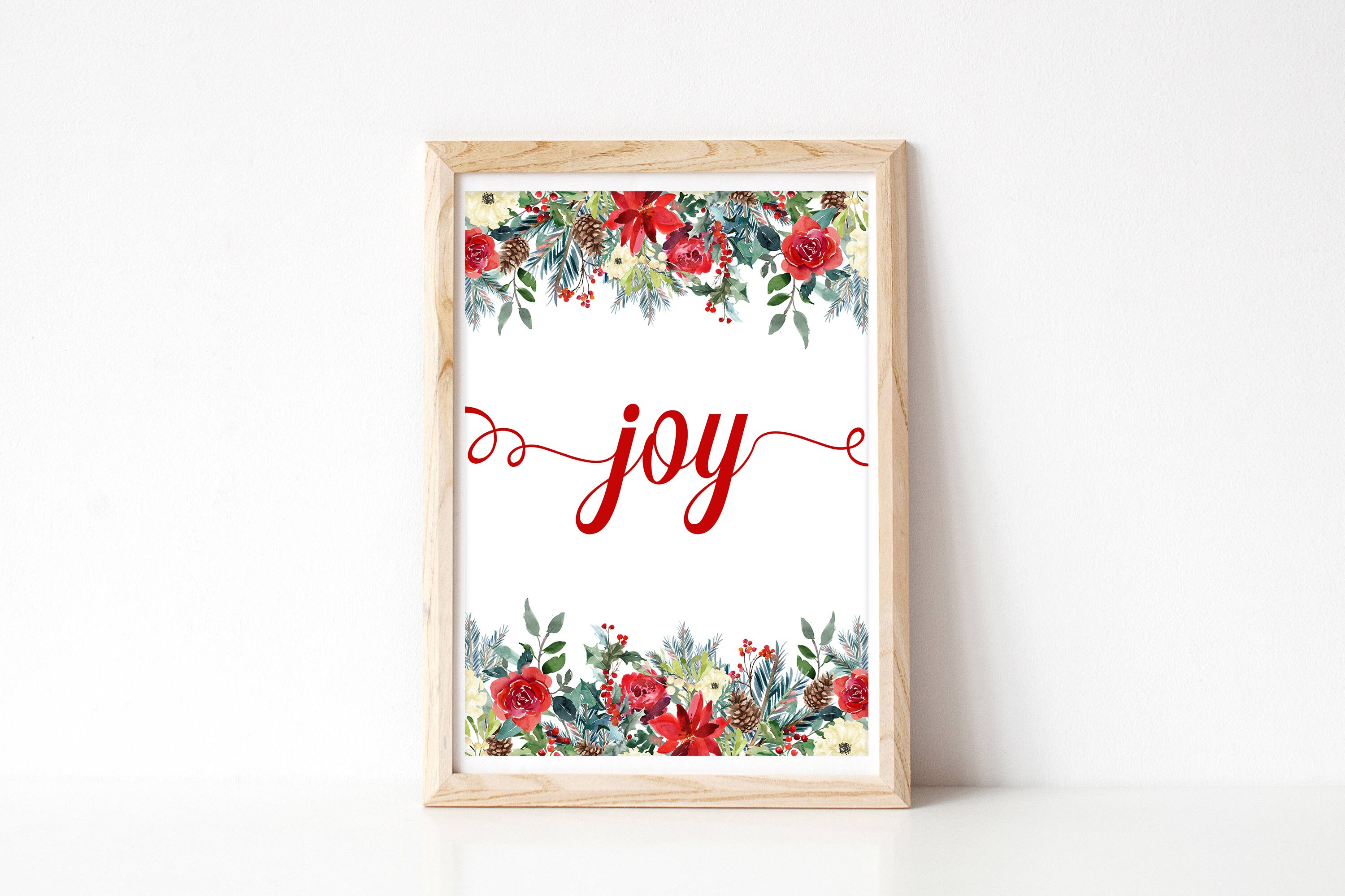 Joy Sign Christmas Red Calligraphy Wall Art Vertical Modern Watercolor ...