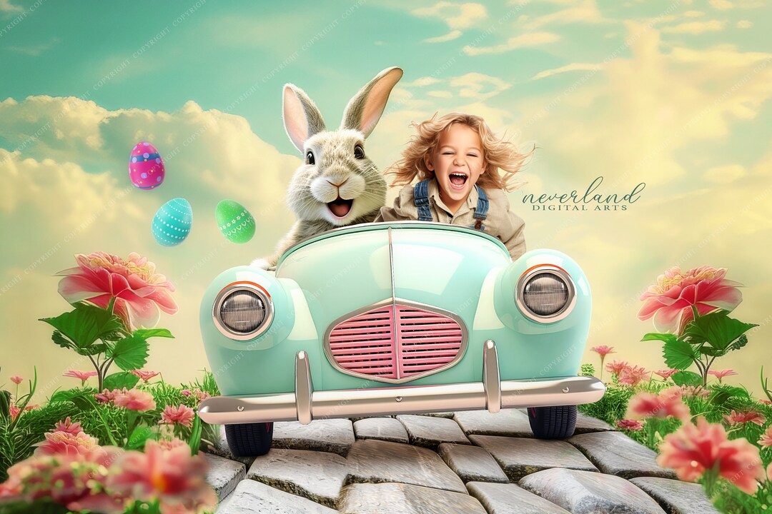 Easter Bunny Driving Digital Background for Photography Compositions ...