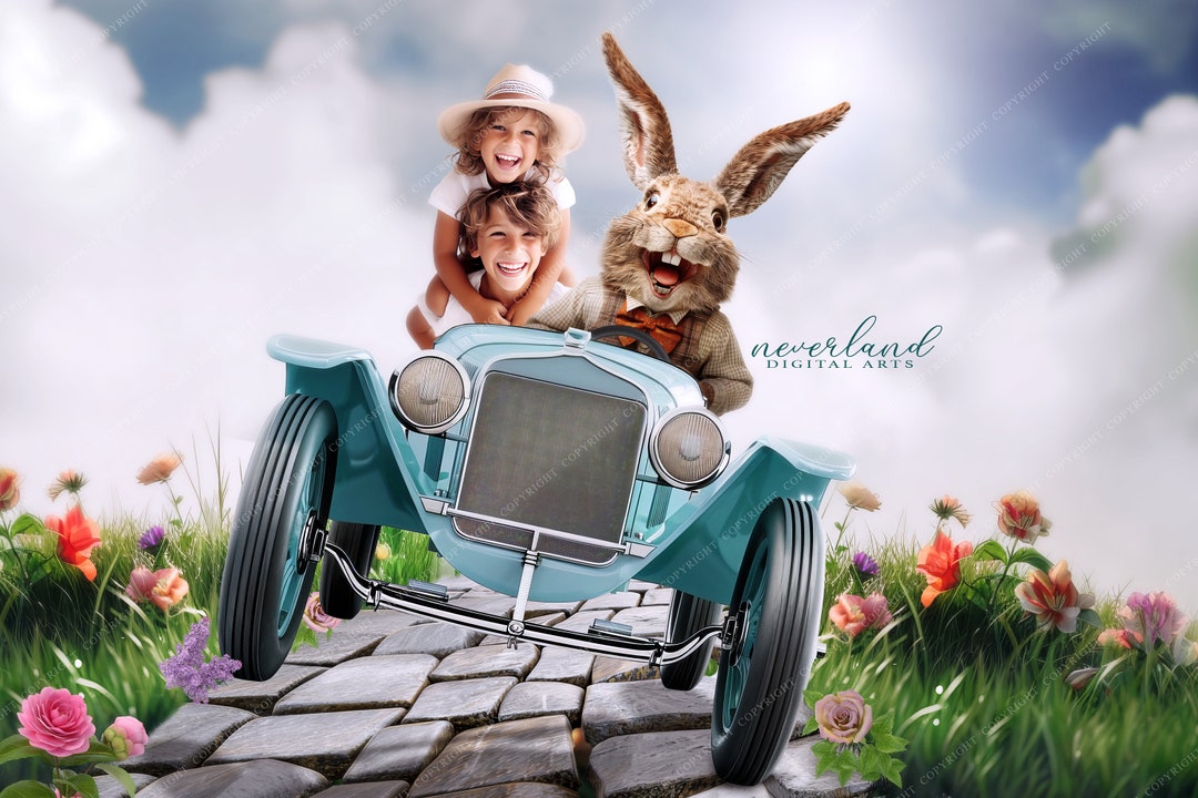 Excited Easter Bunny Driving Digital Background for Photography ...