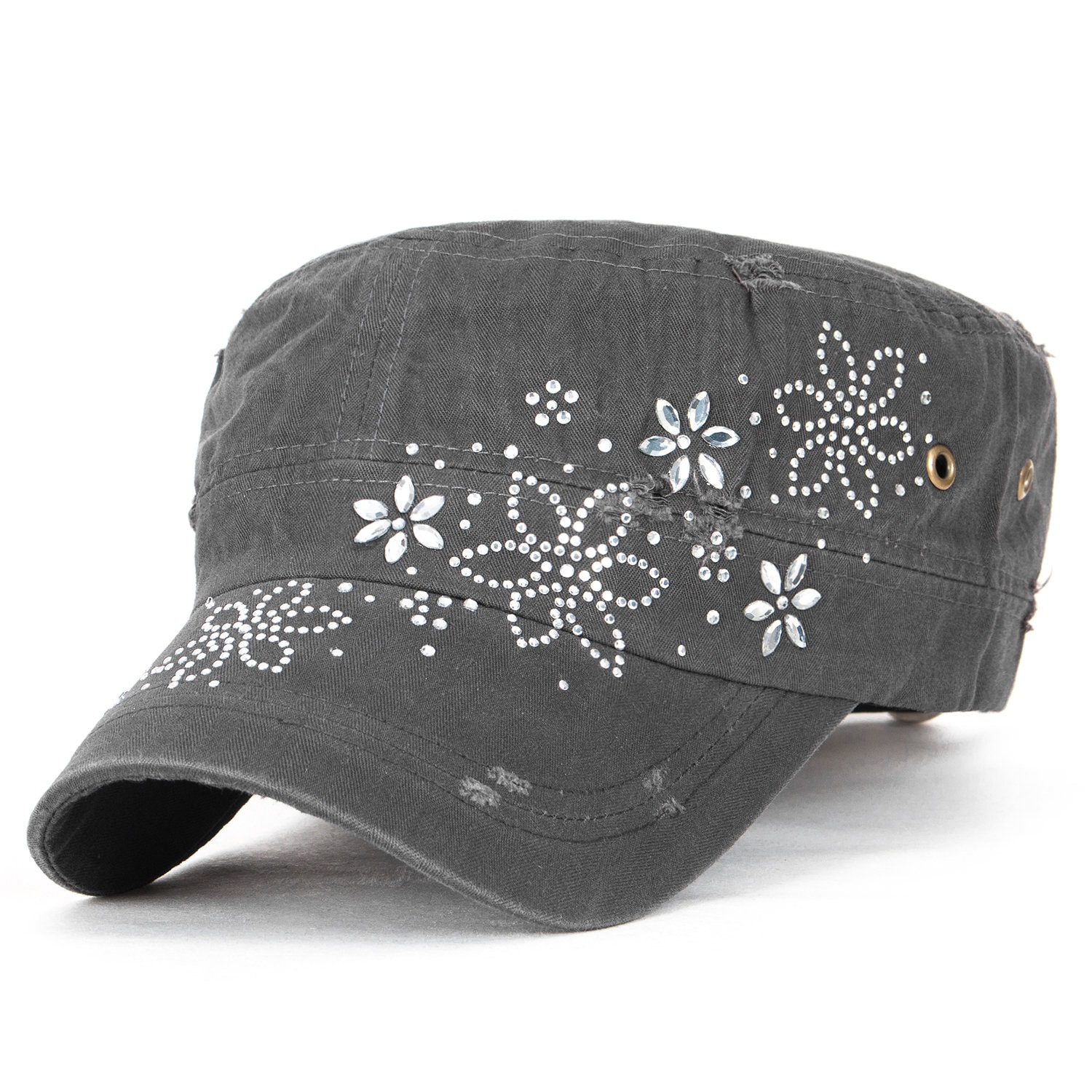 Ililily Crystal Cadet Cap Gemstone Stud Short Brimmed Vintage Cotton ...