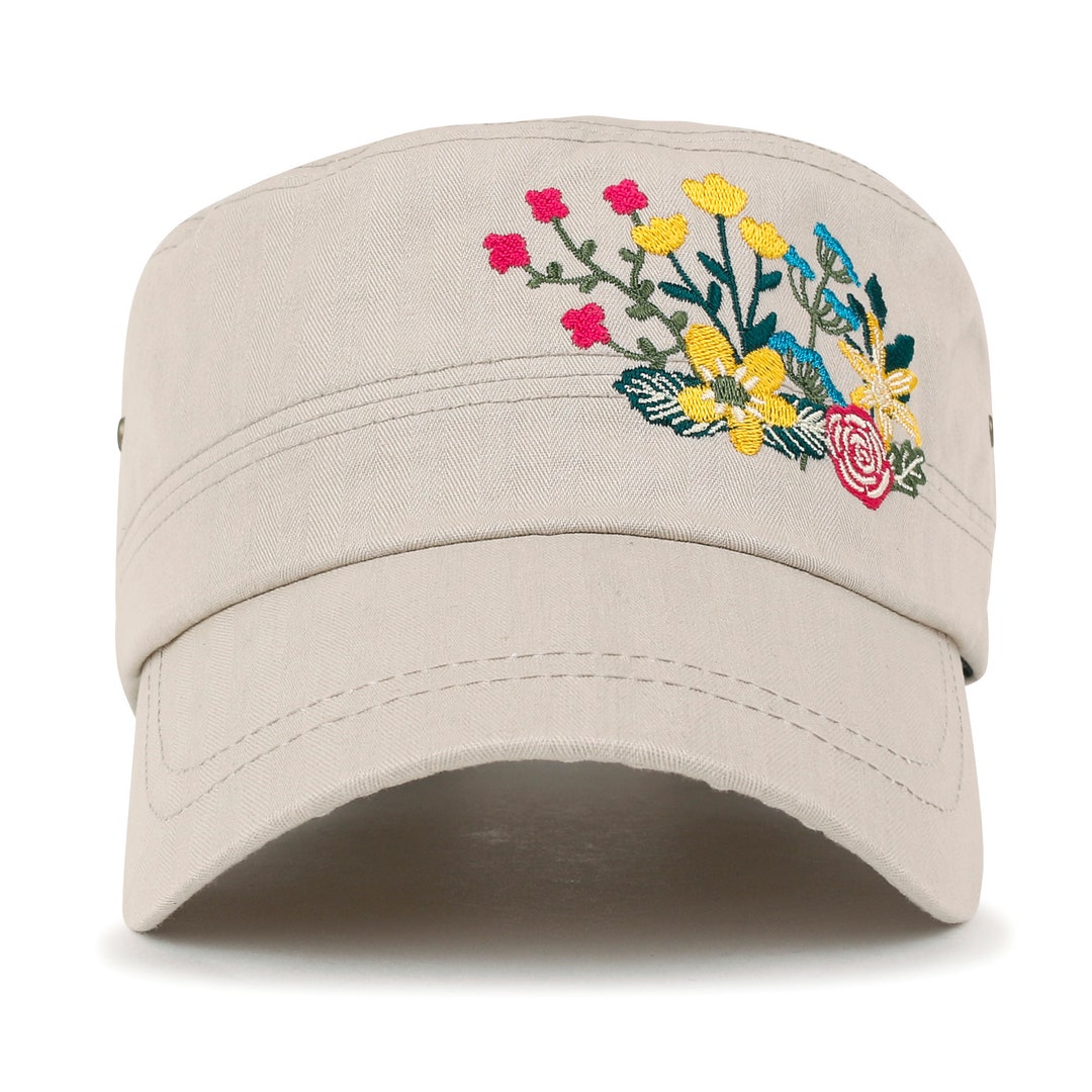 Ililily Flower Embroidery Cotton Short Brimmed Military Army Hat Women ...