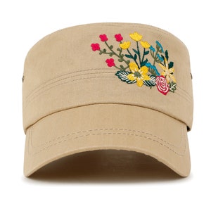 Ililily Flower Embroidery Cotton Short Brimmed Military Army Hat Women ...