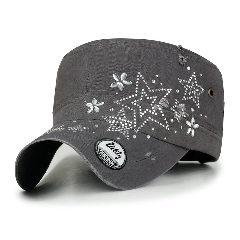 Ililily Crystal Cadet Cap Gemstone Stud Short Brimmed Vintage Cotton ...