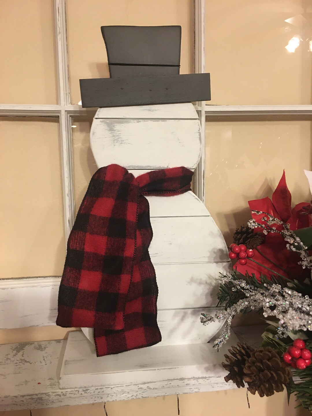 Handmade Wooden Snowman Decor: Buffalo Plaid Scarf, Winter Farmhouse - Etsy