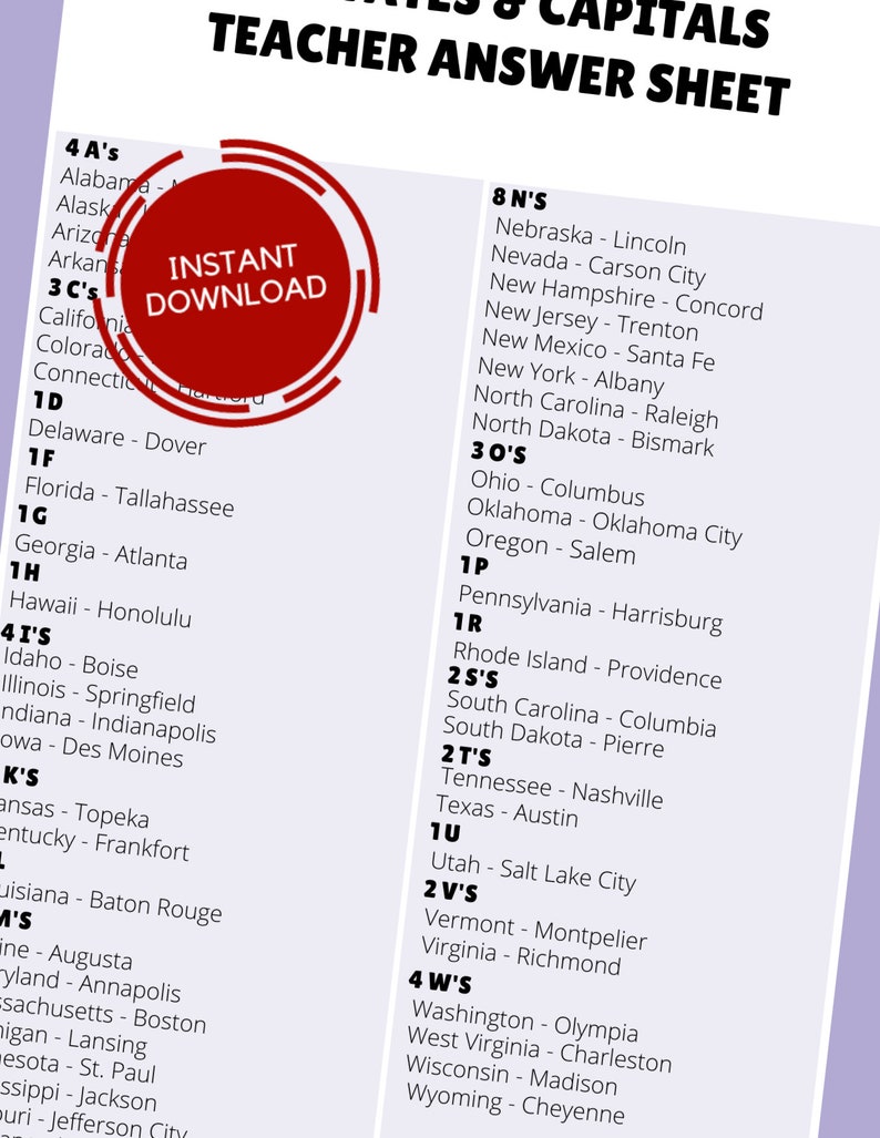 50 States and Capitals Worksheet & Teacher Answer Sheet - Learning ...