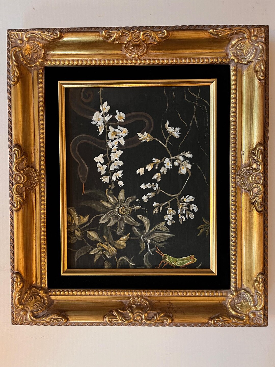 Oil Painting of Orchids, Florals, Snake and Grasshopper in Gold and ...