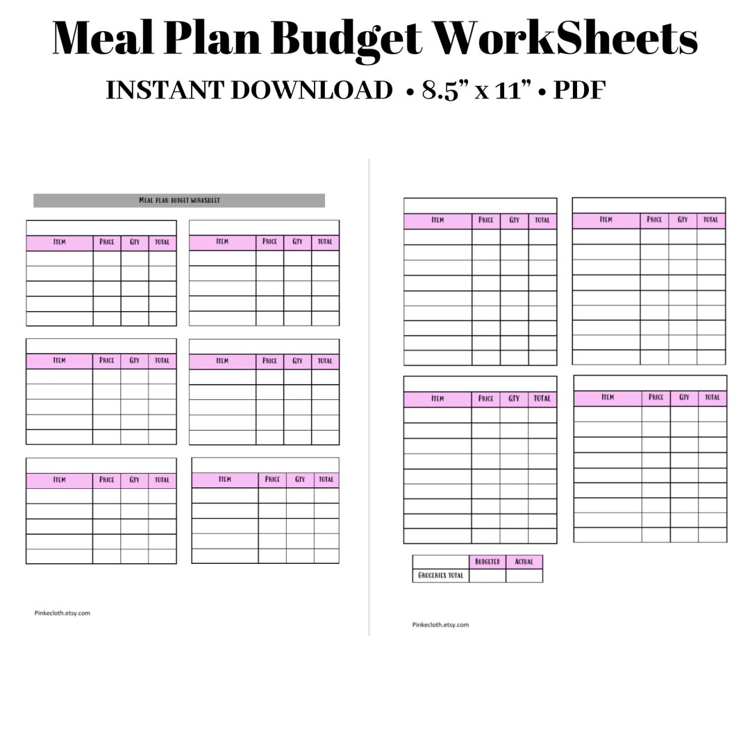 Printable Meal Plan Budget Worksheet | Meal Planner PDF | Budget Insert ...