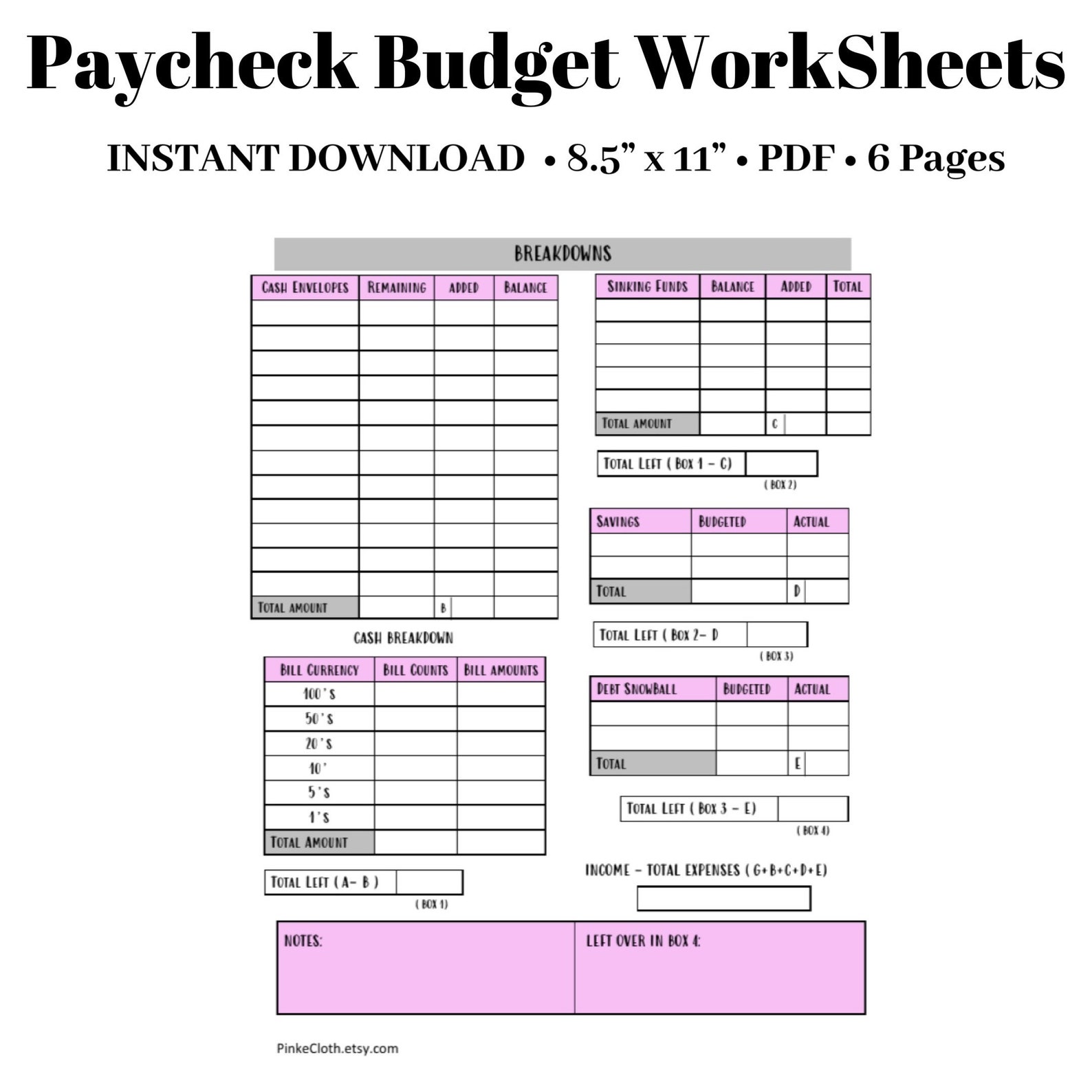 Paycheck Budget Worksheets Budget Planner PDF Budget - Etsy
