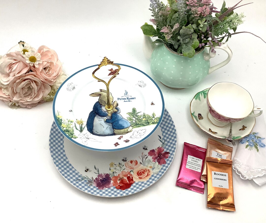 Cake Stand Peter Rabbit Blue Gingham and Flowers. Mismatched Plates ...