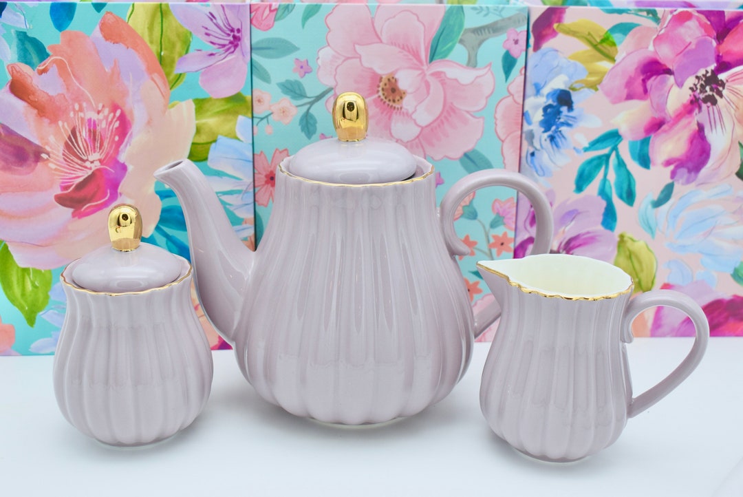 Tea Set Timeless Beauty Lilac Lavender Pearl and Gold Porcelain Tea Pot ...