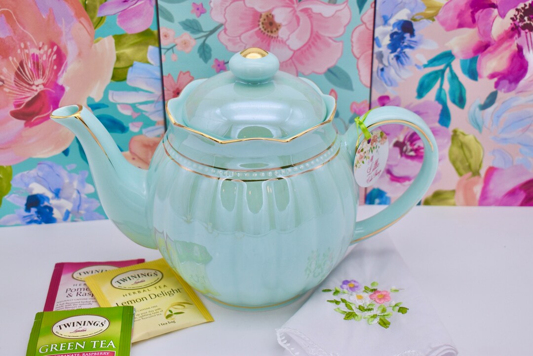 Teapot. Timeless Beauty Baby Blue Aqua Pearl and Gold Porcelain 40oz ...