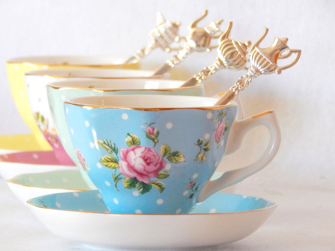 Mismatched Tea Cups and Saucers With Tea Spoon Tea Packet - Etsy Australia
