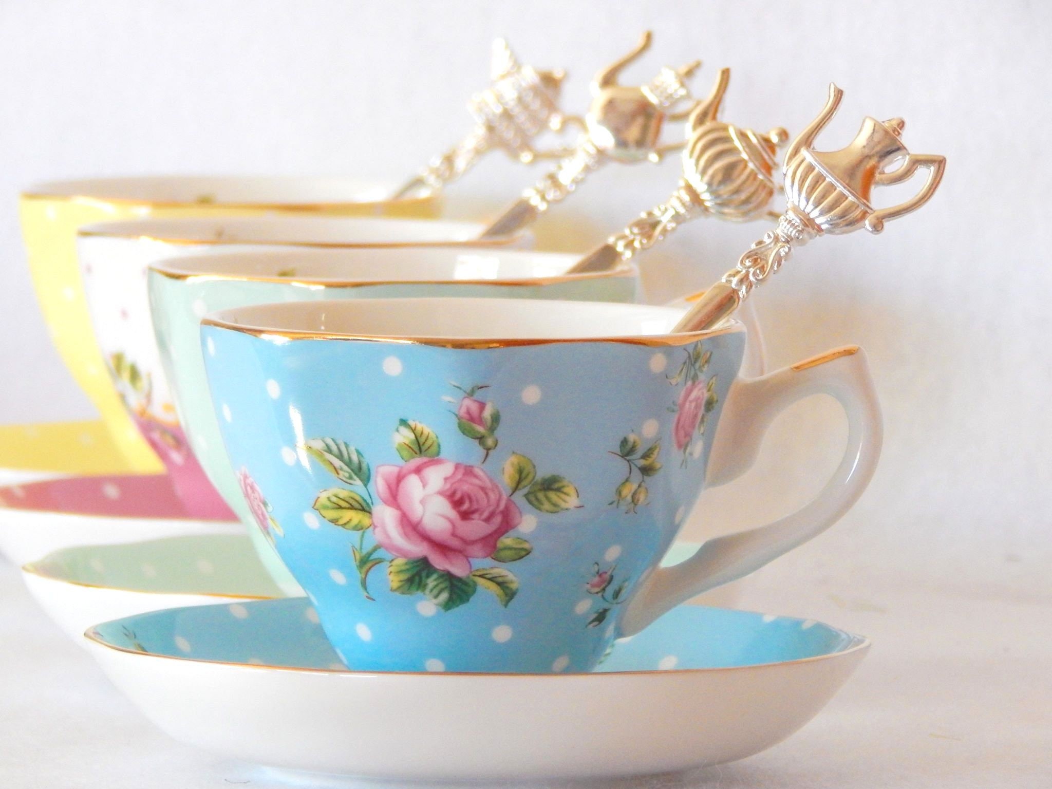 Mismatched Tea Cups and Saucers With Tea Spoon Tea Packet, Embroidered ...