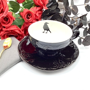 Black Bird Crow Victorian Goth Tea Cup and Saucer Embossed Porcelain ...