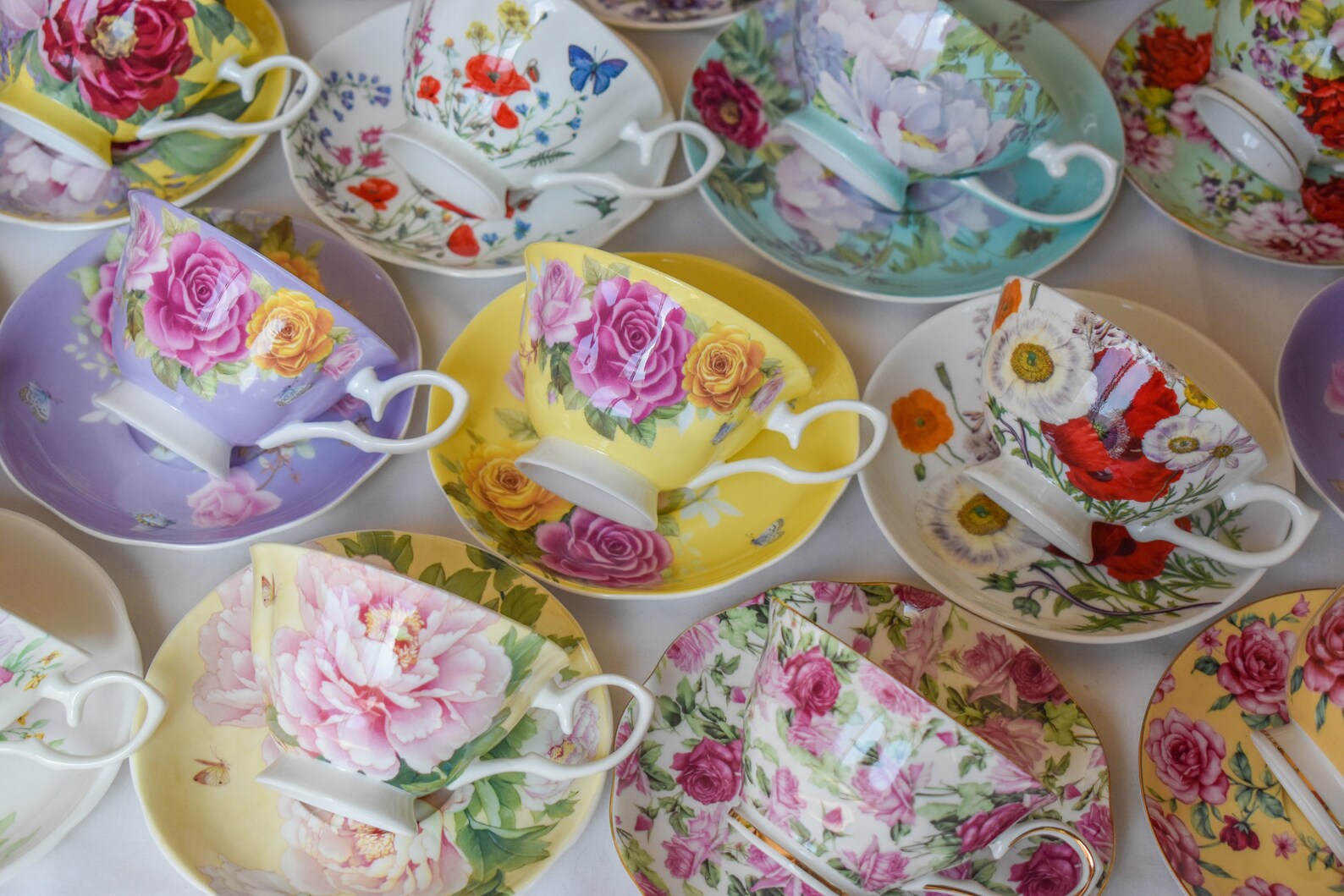 Mismatched Tea Cups and Saucers With Tea Spoon Tea Packet, Embroidered ...