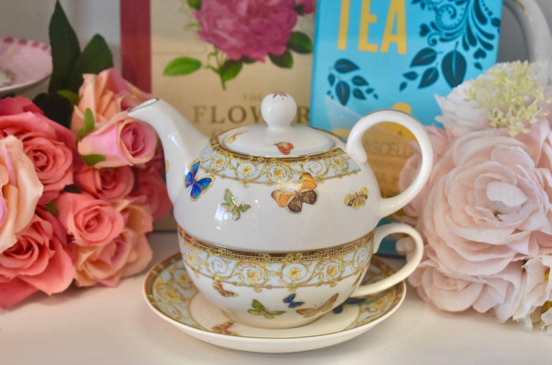 Tea for One Gift Set Butterflies Gold Blue Garland. Personalized ...