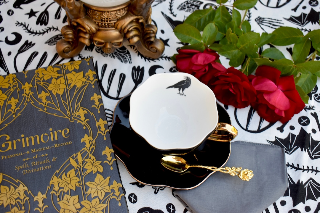 Personalized Edgar Allan Poe Personalized Crow Teacup Black Gold Porcelain, Gold Plated Spoon ...