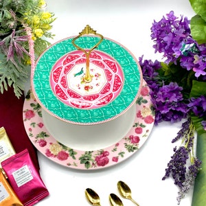Cake Stand Crown Royal Teal and Pink Roses Mismatched Plates. Platter ...