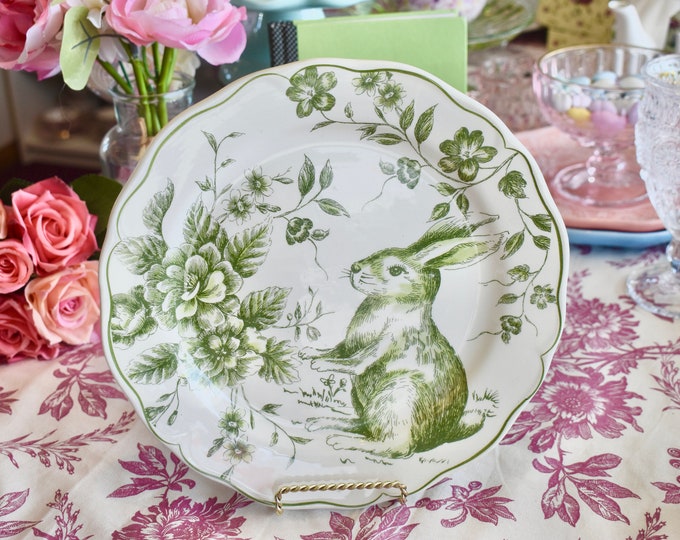 Plates Green and White Toile Easter Bunny Rabbit Floral Berries Spring ...