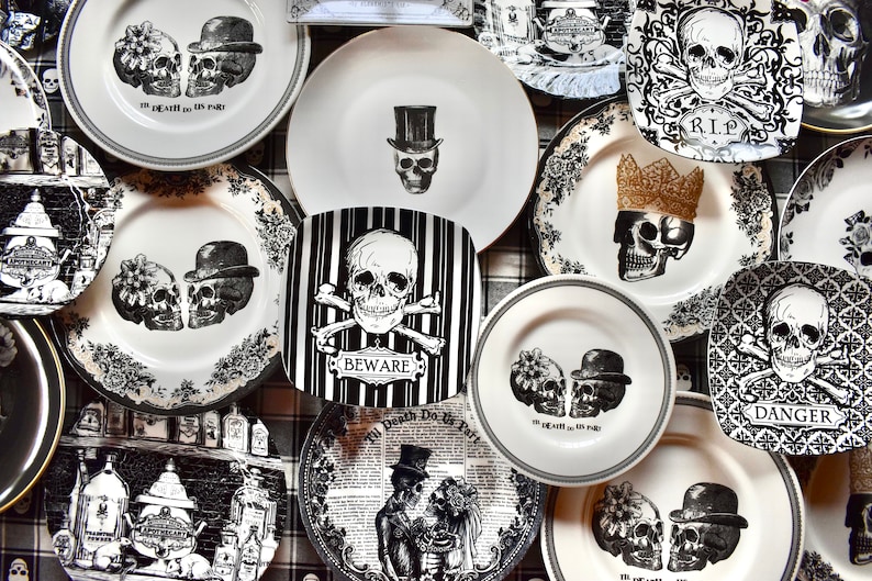 Skull Bowls Mismatched China Porcelain Plates. Skeletons Goth Holiday ...