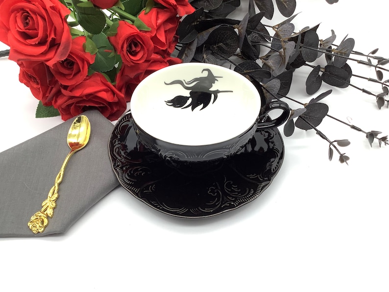 Flying Witch Victorian Goth Tea Cup and Saucer. Black Embossed - Etsy
