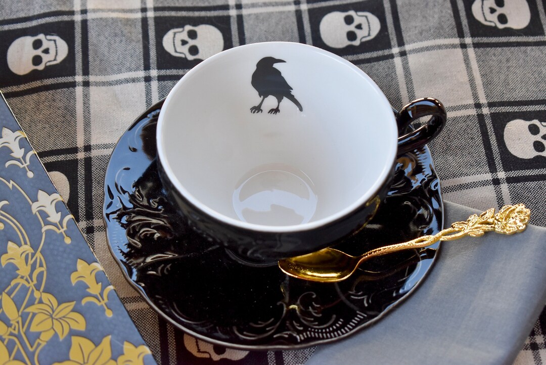 Black Bird Crow Victorian Goth Tea Cup and Saucer Embossed Porcelain ...