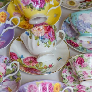 Mismatched Tea Cups and Saucers With Tea Spoon Tea Packet, Embroidered ...