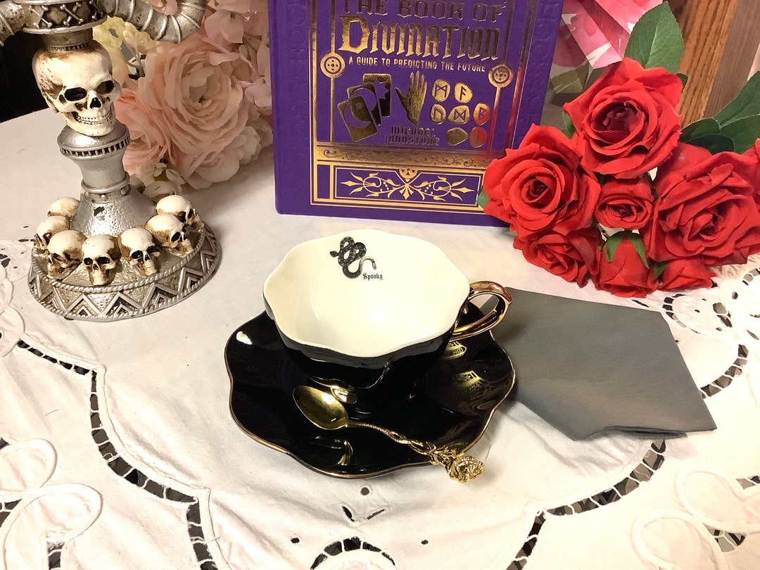 Personalized Snake Tea Cup Spooky Serpent Black and Gold Porcelain Gold ...